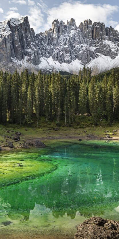 The Lake Carezza in Nova Levante in South Tyrol’s Eggental valley